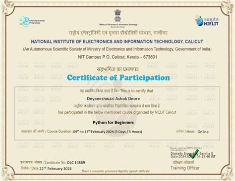 Happy To Share That Sucessfully Completed Online Course Of Python For Dnyaneshwari Deore