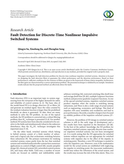 Pdf Fault Detection For Discrete Time Nonlinear Impulsive Switched Systems