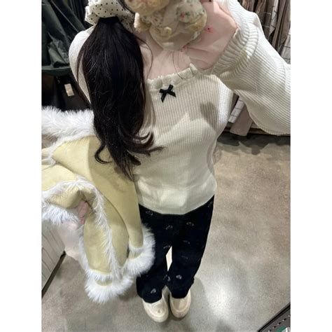 나무 귀 달콤한 활 니트 바닥 셔츠 여성 가을과 겨울 슬림 핏 슬리밍 스퀘어 칼라 내부 착용 긴 소매 탑 위시버킷