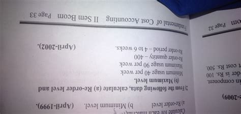 A Re Order Levelb Minimum Level April 19992 From The Following D