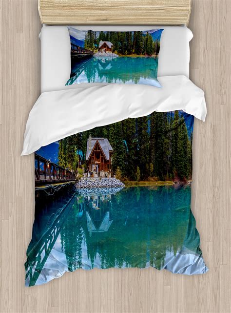 Nature Duvet Cover Set Canadian Emerald Lake Scenery With A Wooden