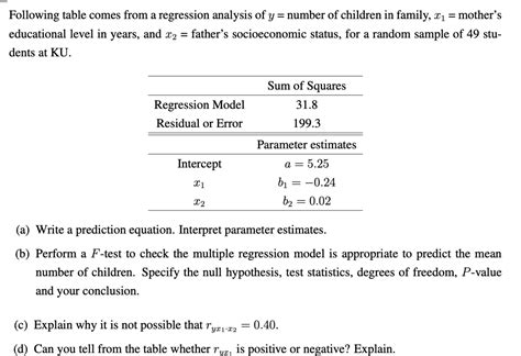 Solved Following Table Comes From A Regression Analysis Of Chegg Com