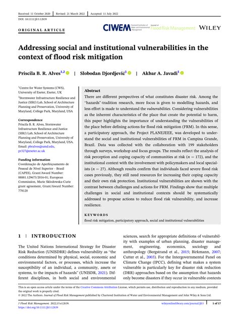Pdf Addressing Social And Institutional Vulnerabilities In The Context Of Flood Risk Mitigation