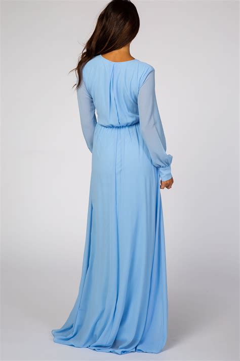 Light Blue Chiffon Long Sleeve Maxi Dress Long Sleeve Chiffon Maxi
