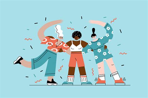 다른 국적의 여자 캐릭터가 함께 포옹합니다 흰색에 고립 된 만화 플랫 스타일의 인종 차별 개념이 없습니다 흑인의 삶은 중요합니다 평화와 평등의 아이디어 아이에 대한 스톡