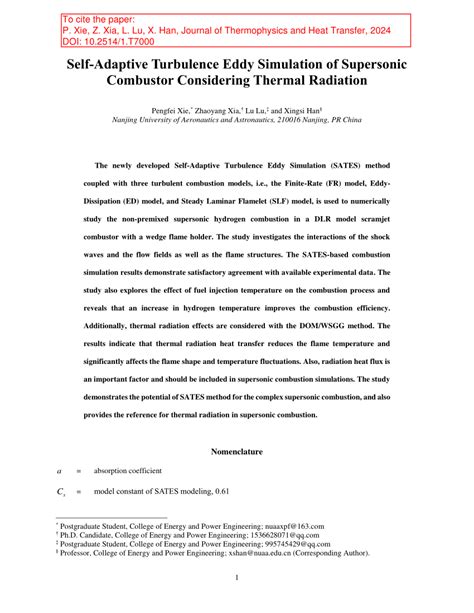 Pdf Self Adaptive Turbulence Eddy Simulation Of Supersonic Combustor Considering Thermal Radiation