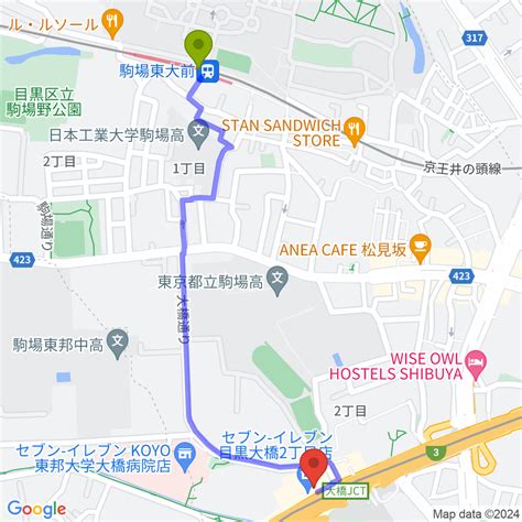 駒場東大前駅からサウンドスタジオノア 池尻大橋店へのルートマップ MDATA