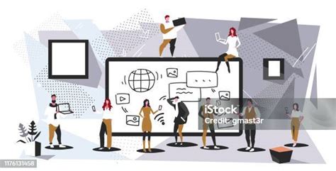 태블릿 컴퓨터 앱 소셜 미디어 통신 디지털 중독 개념 비즈니스 사람들이 현대 사무실 인테리어 전체 길이 스케치 수평 회의 하는 동안 토론 하는 비즈니스 맨 그룹 개발에 대한