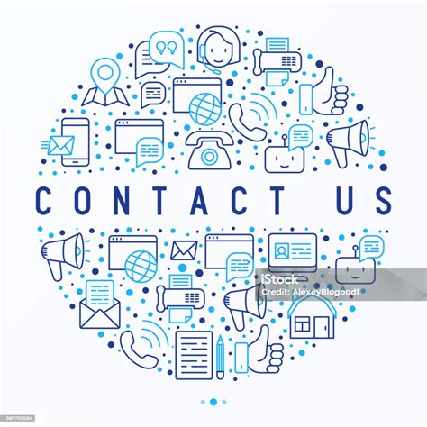 문의 전화 팩스 연산자 콜 센터 전자 메일 채팅 봇 포인터 피드백의 얇은 선 아이콘 원에 개념 현대 벡터 일러스트 레이 션 배너