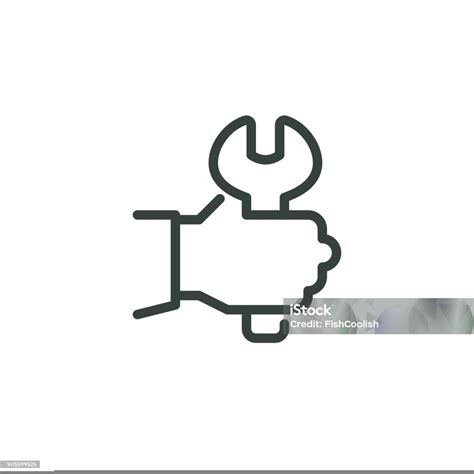 얇은 윤곽선 아이콘 인간의 손이 렌치를 들고 팔에 스패너 자동차 정비사 서비스 배관 공사와 같은 라인 표시 흰색 배경에 웹에