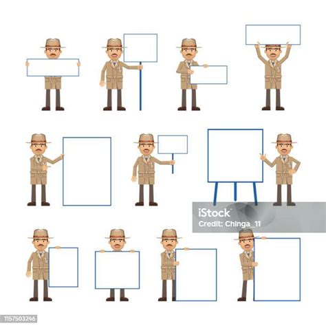 다른 빈 배너와 함께 포즈를 취하는 탐정 캐릭터의 큰 세트 화이트 보드를 가리키는 종이 포스터 플래카드를 들고 쾌활한 형사 교육