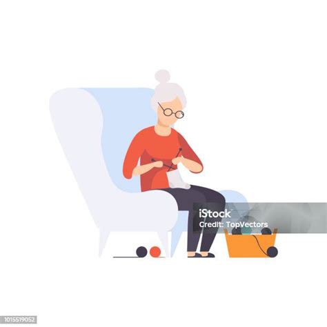 안락의 자에 앉아 뜨개질을 하는 고위 여자 캐릭터 흰색 배경에 활동적인 라이프 스타일 소셜 개념 벡터 일러스트 레이 션을 선도 하는 노인 노인에 대한 스톡 벡터 아트 및
