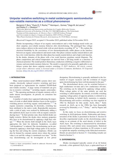 Pdf Unipolar Resistive Switching In Metal Oxideorganic Semiconductor Non Volatile Memories As