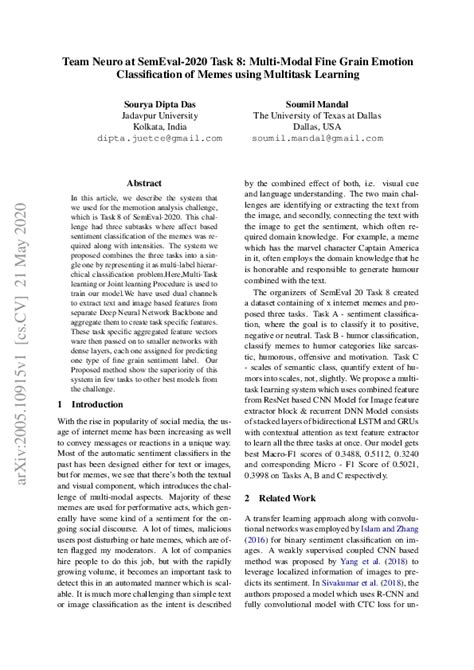 Pdf Team Neuro At Semeval 2020 Task 8 Multi Modal Fine Grain Emotion Classification Of Memes
