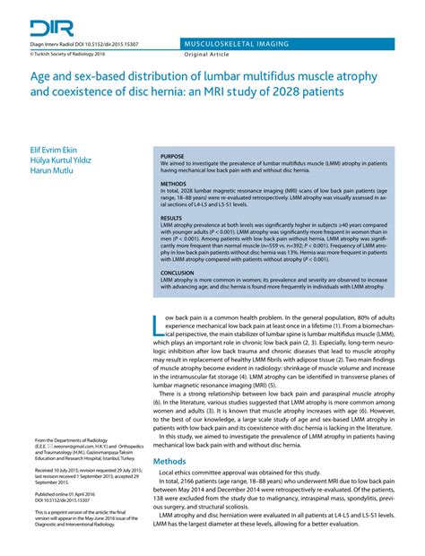 Pdf Age And Sex Based Distribution Of Lumbar Multifidus Muscle Atrophy And Coexistence Of Disc