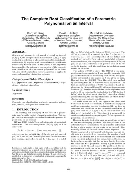 Pdf The Complete Root Classification Of A Parametric Polynomial On An