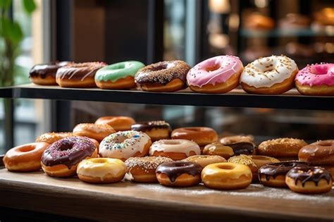 Assorted Donuts In A Bakery Display Realistic And High Premium Ai