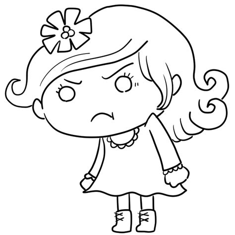 悔しそうな白人の女の子のぬり絵イラスト｜かわいい無料イラスト