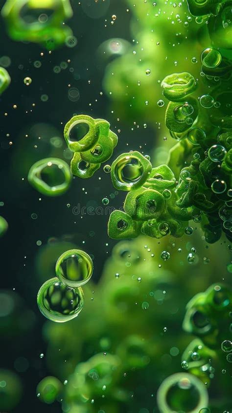 A Macro View Of Vibrant Green Algae Particles Floating In Freshwater