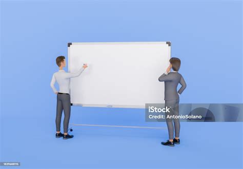 양식화 된 캐릭터 사업가 화이트보드에 쓰기 와 사업가 와 관찰 와 파란 배경 관찰 3차원 형태에 대한 스톡 사진 및 기타 이미지