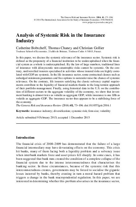 Pdf Analysis Of Systemic Risk In The Insurance Industry