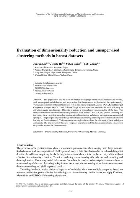 Pdf Evaluation Of Dimensionality Reduction And Unsupervised Clustering Methods In Breast Datasets