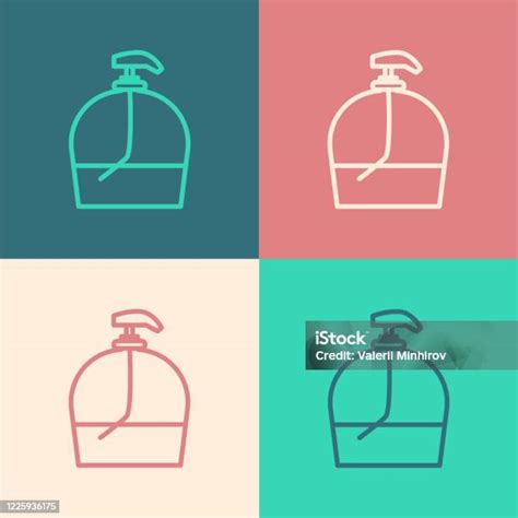 팝 아트 라인 색상 배경에 분리 디스펜서 아이콘 액체 항균 비누의 병 소독 위생 스킨 케어 벡터 일러스트레이션 고풍스런에 대한