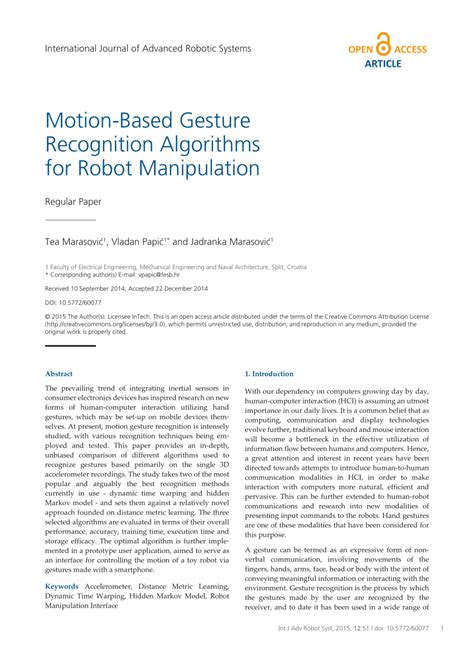 pdf motion based gesture recognition algorithms for robot manipulation