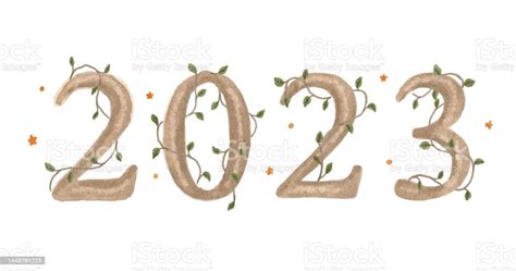 2023년 나뭇잎과 브런치가 있는 수채화 번호 2023 로고 텍스트 디자인 디자인 서식 파일 축하 타이포그래피 포스터 배너 또는 새해 복 많이 받으세요 12월 31일에 대한