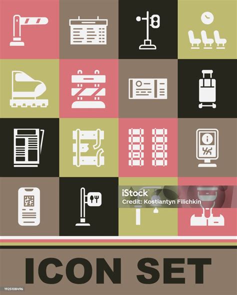 기차 차장 정보 스탠드 여행 가방 신호등 철도 트랙의 끝 고속 열차 철도 장벽 및 티켓 아이콘을 설정합니다 벡터 가방에 대한 스톡 벡터 아트 및 기타 이미지 Istock