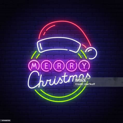메리 크리스마스 네온 텍스트 밝은 간판 라이트 배너 산타 모자 네온 로고 엠 블 럼입니다 메리 크리스마스 기호입니다 벡터
