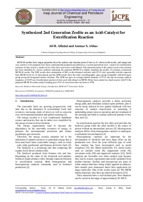 Pdf Synthesized 2nd Generation Zeolite As An Acid Catalyst For Esterification Reaction
