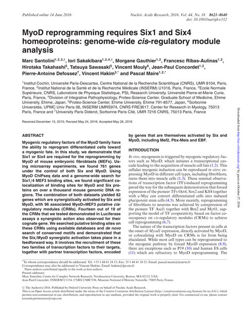 Pdf Myod Reprogramming Requires Six1 And Six4 Homeoproteins Genome Wide Cis Regulatory