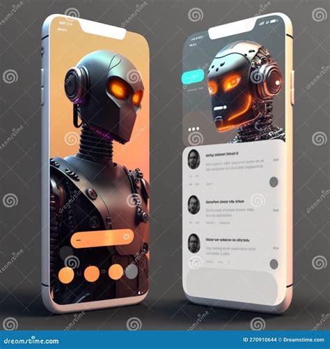 Two Futuristic Robots With Ai In Screen Of Smartphones Concept Of