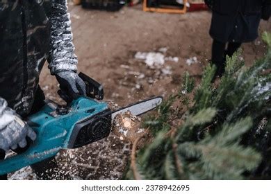 Man Cuts Part Trunk Christmas Tree Stock Photo 2378942695 Shutterstock