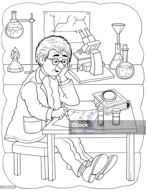 과학자 직업 색칠 페이지입니다 어린이를위한 그림 재미있는 만화 캐릭터 공부에 대한 스톡 벡터 아트 및 기타 이미지 공부