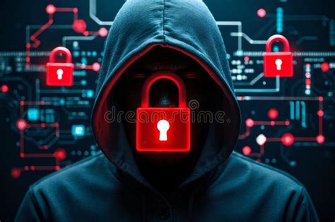Hacker With Hood And Padlock Illustrating Cyber Security Threats And Data Protection Stock