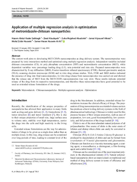 Pdf Application Of Multiple Regression Analysis In Optimization Of Metronidazole Chitosan