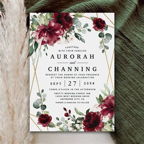 Burgundy Red Blush Gold Geometric Greenery Wedding Invitation Zazzle