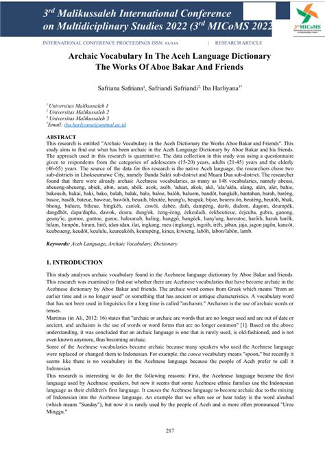 Pdf Archaic Vocabulary In The Aceh Language Dictionary The Works Of