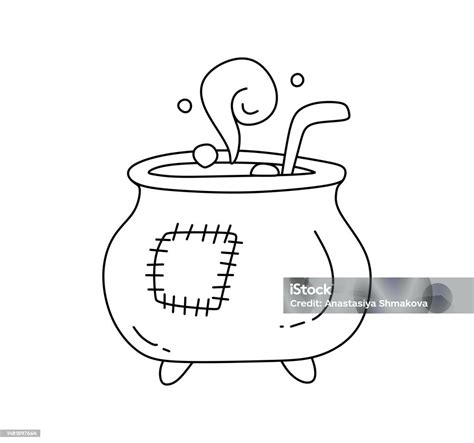 Kuali Dengan Ramuan Ajaib Buku Mewarnai Ilustrasi Vektor Hitam Putih