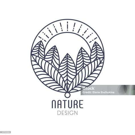 흰색 배경에 자연 요소의 벡터 로고입니다 원 비즈니스 엠블럼 여행 농업 및 생태 개념 건강 및 요가 센터에 대한 배지에 나무와 태양풍경의 선형 아이콘 0명에 대한 스톡 벡터