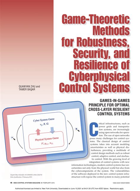 Pdf Game Theoretic Methods For Robustness Security And Resilience Of Cyberphysical Control