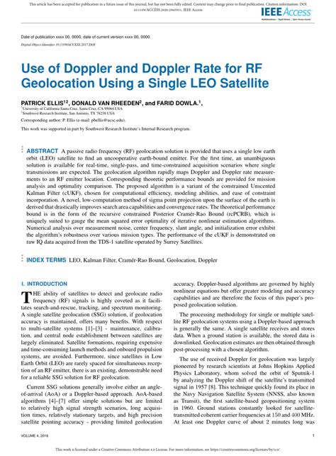 Pdf Use Of Doppler And Doppler Rate For Rf Geolocation Using A Single Leo Satellite