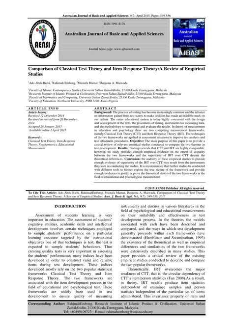 Pdf Comparison Of Classical Test Theory And Item Response Theory A