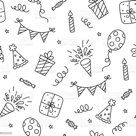 생일 낙서와 원활한 패턴 파티 장식 선물 상자 및 풍선의 스케치 어린이 그림 흰색 배경에 손으로 그린 벡터 그림 모자 모자류에 대한 스톡 벡터 아트 및 기타 이미지 Istock