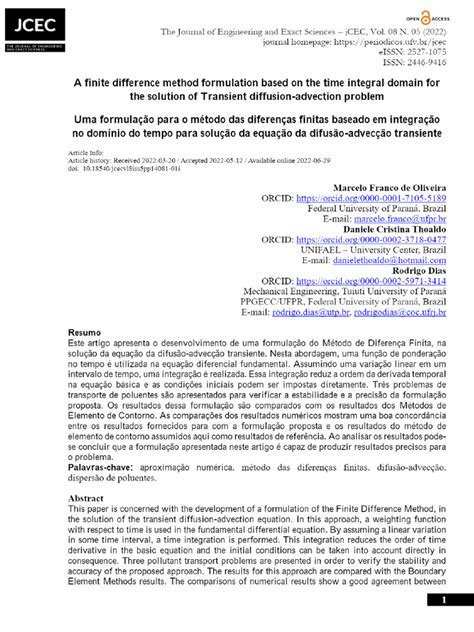 A Finite Difference Method Formulation For Transient Diffusion Advection Equation Pdf