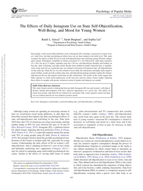 The Effects Of Daily Instagram Use On State Self Objectification Well Being And Mood For Young