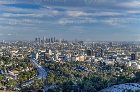Downtown Los Angeles Skyline Over Blue Cloudy Sky In California From