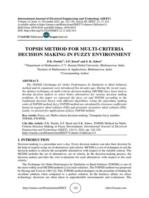Topsis Method For Multi Criteria Decision Making In Fuzzy Environment